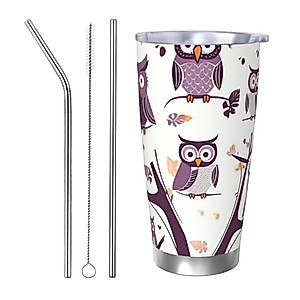 Owl Tree Branches Tumbler with Lid and Straw 20oz Stainless Steel Car Cup for Hot and Cold Drinks, Double Wall Insulated Travel Coffee Mug Reusable Drink Thermos Cup Birthday Gifts