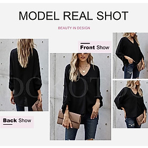 Dokotoo Women Fashion Summer Casual Office V Neck Chiffon Cuffed 3/4 Sleeve Solid Tunic Blouses and Tops for Work T Shirts 2024 Black US 18 20