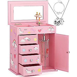 efubaby Upgrade Jewelry Box for Girls 5-Layer with Swing Door Spinning Ballerina Unicorn &Castle Design Unicorn Jewelry Set Included Kids Jewelry Box for Little Girls Birthday Valentine Gift Pink