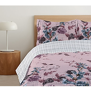 Ambesonne Vintage Floral Reversible Bedspread Set, Nostalgic Botanical Garden Artwork of Floral Blossoms and Branches, Pillow Shams & Comforter Microfiber Bedding Set, King Size, Grey Pink Cadet Blue
