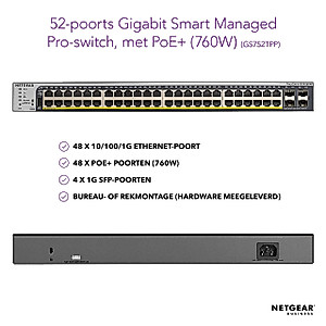 NETGEAR 52-Port Gigabit Ethernet Smart Managed Pro PoE Switch (GS752TPP) - with 48 x PoE+ @ 760W, 4 x 1G SFP, Desktop/Rackmount, and and ProSAFE Lifetime Protection