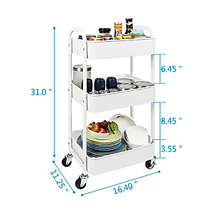 MAX Houser 3-Tier Rolling Utility Cart with Caster Wheels,Easy Assembly, for Kitchen, Bathroom (White)