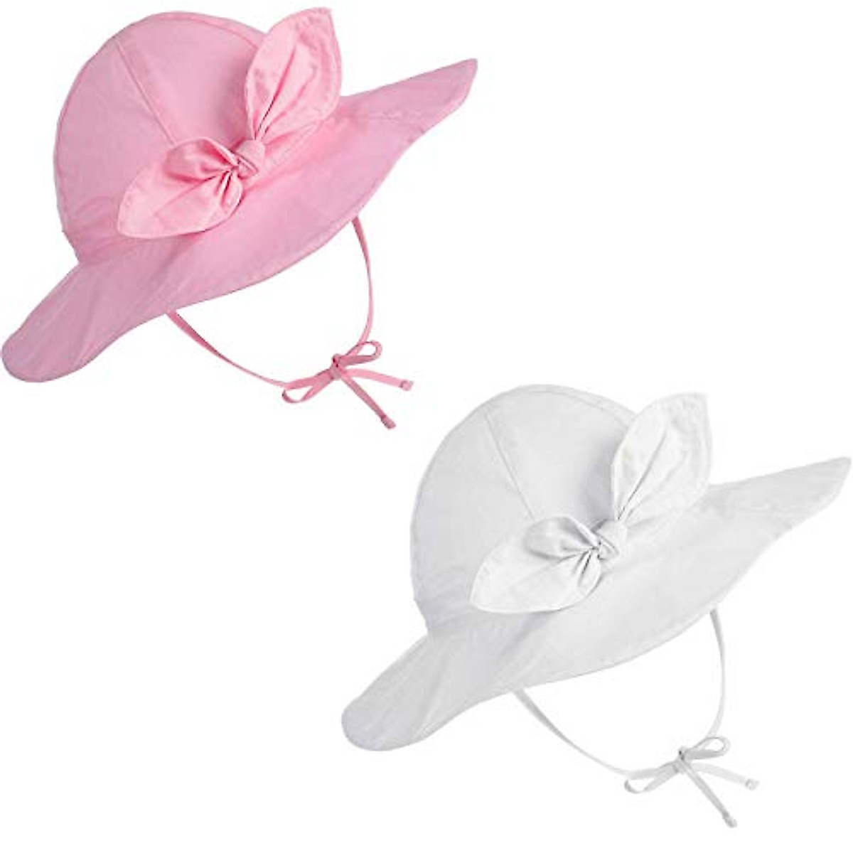 2 Pieces Baby Girls Sun Hat Adjustable Sun Protection Summer Beach Wide Brim Hat (White and Pink,0-12 Months)
