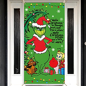 Nepnuser Merry Christmas Door Cover Grinchmas Whoville Xmas Winter Holiday Party Decorations Backdrop Door Hanging Banner