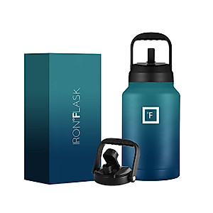 IRON °FLASK Sports Water Bottle - Gallon Series - 2 Lids (Straw and Spout), Leak Proof, Vacuum Insulated Stainless Steel, Double Walled, Thermo Mug, Metal Canteen Jug Growler - Dark Night, 128 Oz