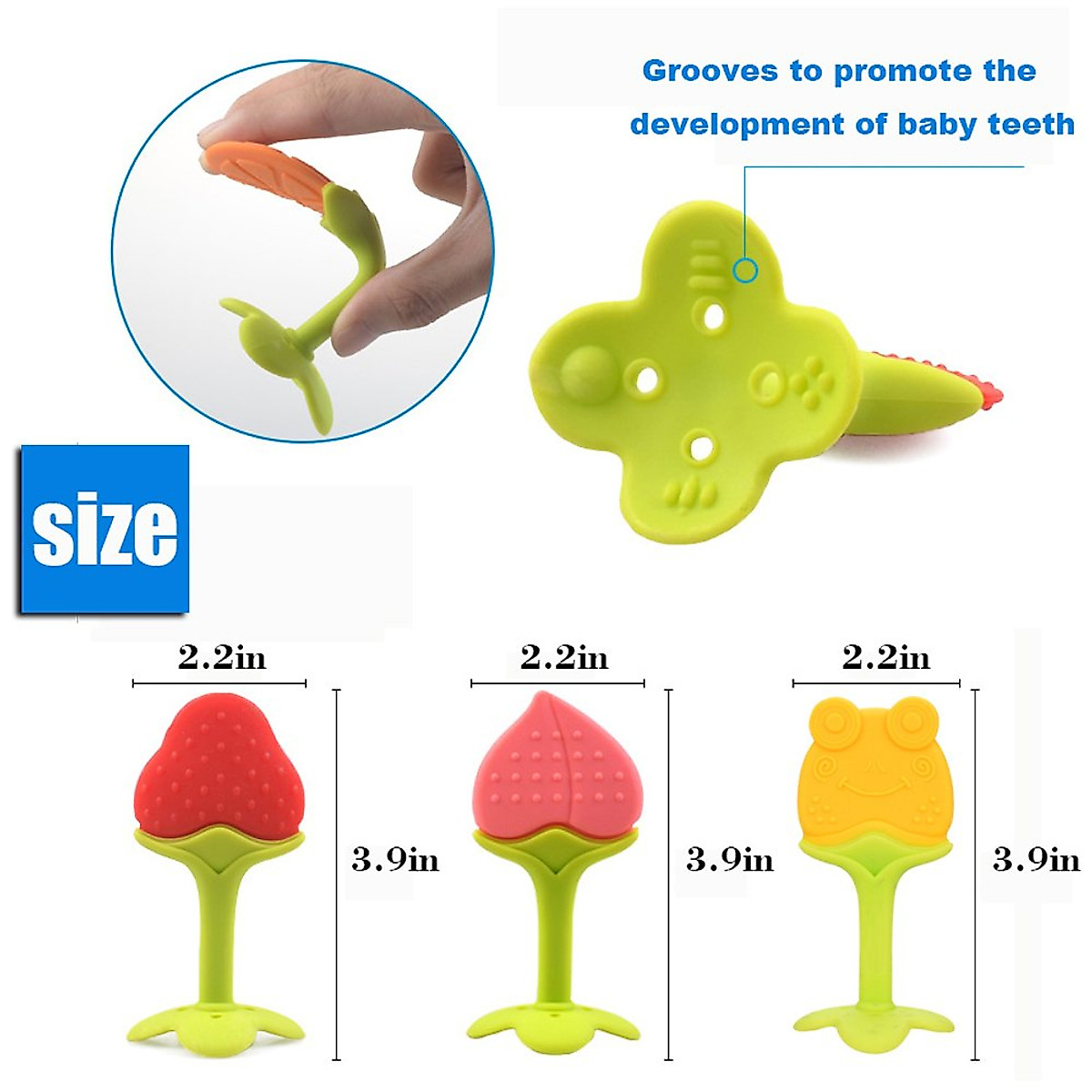 Baby Teething Toys - Natural Organic Freezer Safe Teether Set with Pacifier Clip for 3 to 12 Months Babies, Soft Silicone Fruit Teethers Toys, Infant and Toddler(5 Pack）