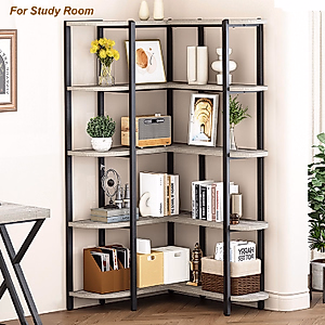 Launica 5 Tier Corner Bookshelf, Tall Grey L Shaped Book Shelf with Storage, Large Industrial Wood Metal Open Bookcase. Farmhouse Standing Bookshelves for Bedroom, Living Room, Kitchen, Gray