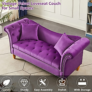 Betoko Velvet Loveseat Sofas Couches with Storage Seat Flared Rolled Arm 2 Seater Sofa for Living Room Bedroom Button Tufted Small Couch with Solid Wood Legs (Purple)