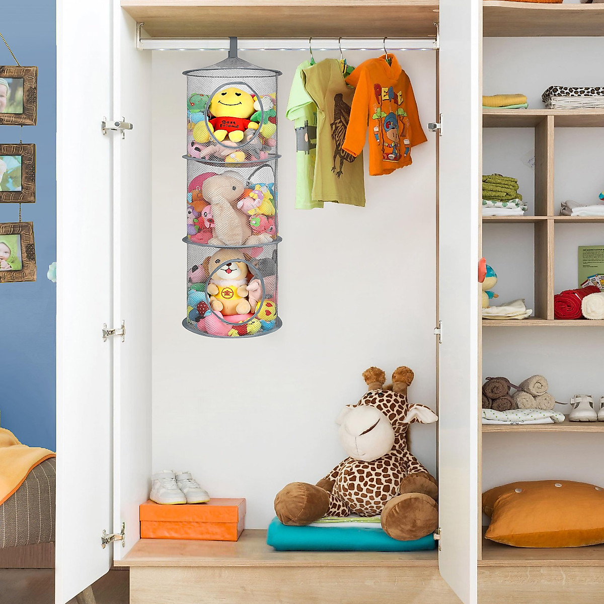 coastal rose 2Pcs Stuffed Animal Storage Foldable Stuffed Animal Net or Hammock Organizer, 3 Compartments Hanging Mesh Toy Storage Hammock for Kid Room Toys, Gloves, Hats, Socks（Grey）