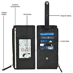 Leatherboss Genuine Leather Women's All in One Credit Business Card Case Holder Slim Zipper Wallet With a Card Protection Strap, Black