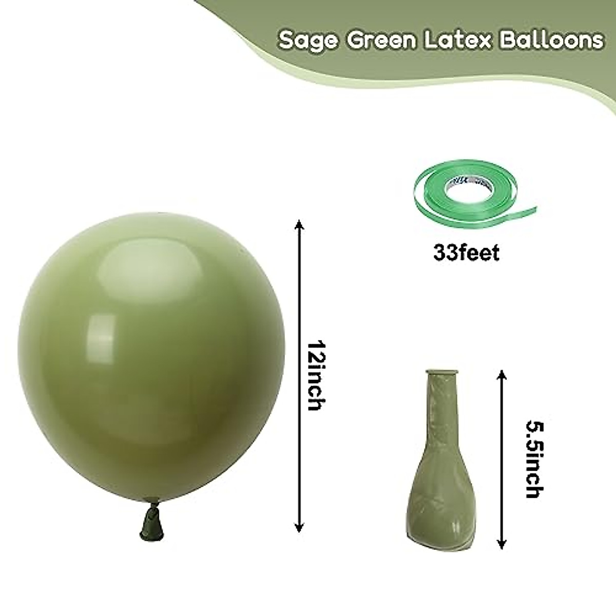 RUBFAC Sage Green Balloons, 50pcs 12 Inch Olive Green Party Balloons and Ribbon, Thick Latex Balloons for Birthday Wedding Baby Shower Graduation Anniversary Party Decorations