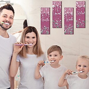 Huwena 4 Pcs Glitter Diamond Bathroom Wall Decor Wooden Relax Wish Unwind Breathe Wall Art Bathroom Decor Pink Silver Shiny Drips Hanging Bathroom Sign for Living Room Home Spa Bathroom