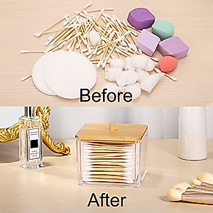 Hipiwe Acrylic Q-Tip Holder Dispenser with Lid Clear Plastic Bathroom Canisters Square Apothecary Jar Set Cotton Swab and Ball Storage Organizer for Cotton Round Pads, Floss