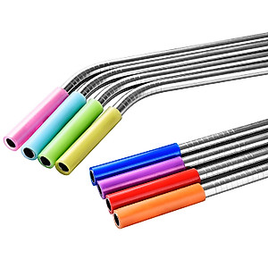 ALINK 8-Pack Stainless Steel Straws, 10.5” Long Reusable Replacement Metal Straws for 20 30 OZ Yeti Tumbler, RTIC, Tervis, Mason Jar, With 8 Silicone Tips, 2 Cleaning Brush and 1 Carrying Case