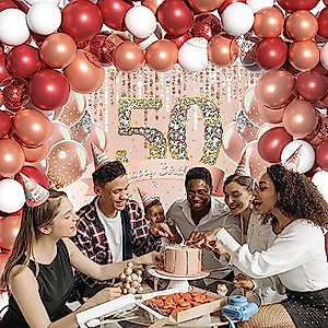 50th Birthday Decorations Women - Rose Gold Happy 50th Birthday Decor Include Balloon Garland Arch Kit,50th Birthday Backdrop,Tablecloth,Number 50 Foil Confetti balloon 50 Years Old Party Supplies