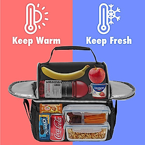 opux Insulated Dual Compartment Lunch Bag for Men, Women | Double Deck Reusable Lunch Pail Cooler Bag, Soft Leakproof Liner | Large Lunch Box Tote for Work, School (Black)