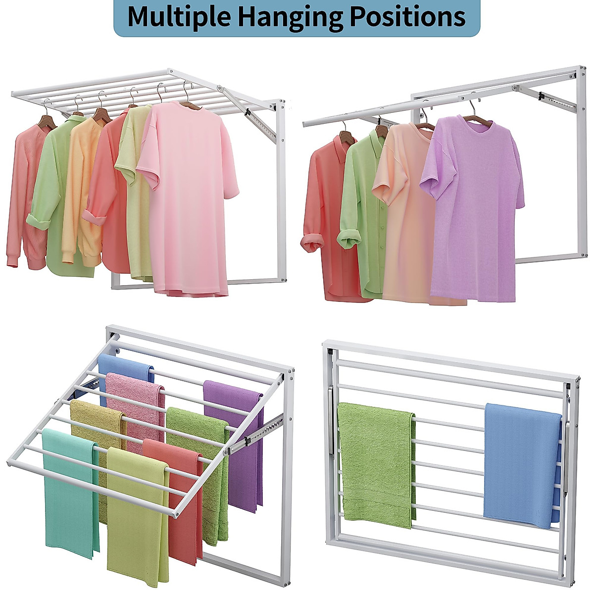 yeshine 31.5" Wide Wall Mounted Clothes Drying Rack, 23.6 Linear Feet Capacity, 60 Lb Capacity, 9 Smooth Metal Round Rods, Collapsible Laundry Drying Rack, Adjustable Drying Rack Clothing Heavy Duty