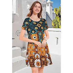 Floral Dress for Women Sunflower Summer Spring Sundresses Boho Swing T Shirt Short Sleeves Pocket (Green Yellow,L)