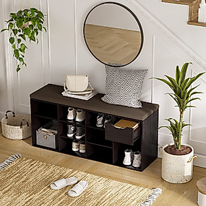 DINZI LVJ Shoe Bench, Entryway Storage Bench with Drawer and 11 Cubbies, Cubby Shoe Rack with Adjustable Shelves, Shoe Organizer Cabinet for Living Room, Bedroom, Mudroom, Closet and Garage, Espresso