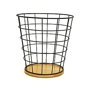 AQ Round Metal Trash Can, Small Open Top Waste Bin for Office, Bedroom or Bathroom, Wire & Wood Design - Matte Black & Bamboo