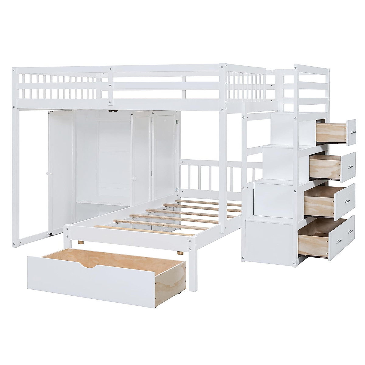 Harper & Bright Designs Full Over Twin Bunk Bed with Stairs & Wardrobe, Wood Bunk Bed with Storage Drawers, Kids Bunk Bed Full Over Twin Size for Bedroom,No Box Spring Needed(White)