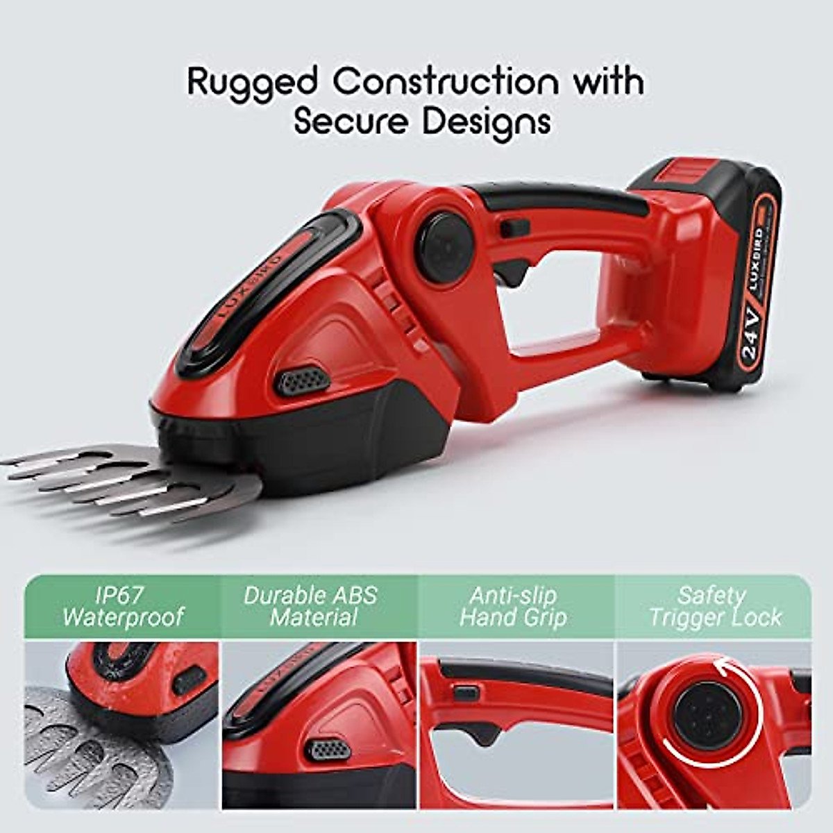 LUXBIRD Cordless Grass Shears, 2-in-1 Mini Hedge Trimmer Cordless,Light Handheld Grass Trimmer, Electric Shrub Trimmer with 2Pcs Rechargeable Batteries