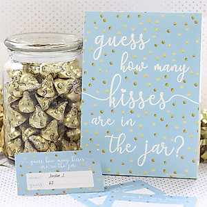 DISTINCTIVS How Many Kisses in the Jar Game - Blue and Gold - Bridal Shower or Wedding (Sign with Cards)