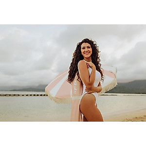 Beach State Summerland 6.5 Feet Beach Umbrella with Fringe - Outdoor Umbrella - UV50+ Sun Protection (Pink Salt Stripes)