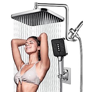Rain Shower Head with Handheld Combo, High Pressure 12 Inch Rainfall Shower Head with 4 Spray Handheld Shower Heads, Upgrade 12'' Shower Extension Arm for Adjust Up & Down Flexible, Stainless Steel