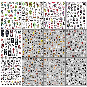 JMEOWIO 12 Sheets Halloween Nail Art Stickers Decals Self-Adhesive Pegatinas Uñas Skull Cute Horror Ghost Cat Witchy Bat Spook Nail Supplies Nail Art Design Decoration Accessories