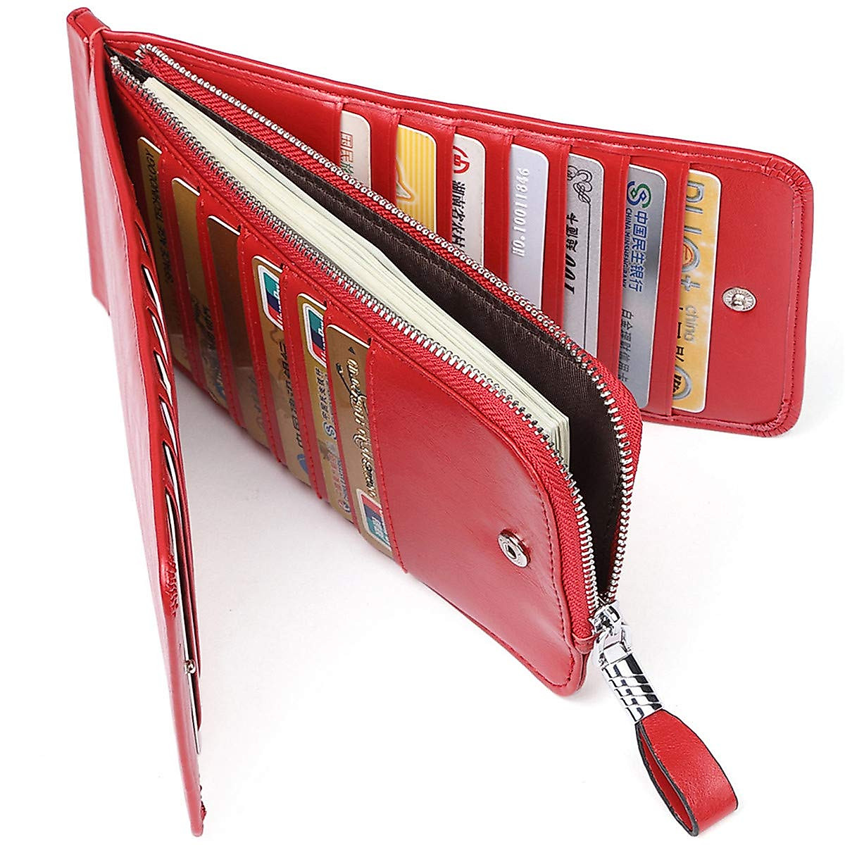 Huztencor Women's Credit Card Holder RFID Blocking Oil Wax Leather Multi Card Organizer Wallet Slim Long Zipper Bi-fold Business Card Case Clutch Wallet with ID Window Red (FBA)