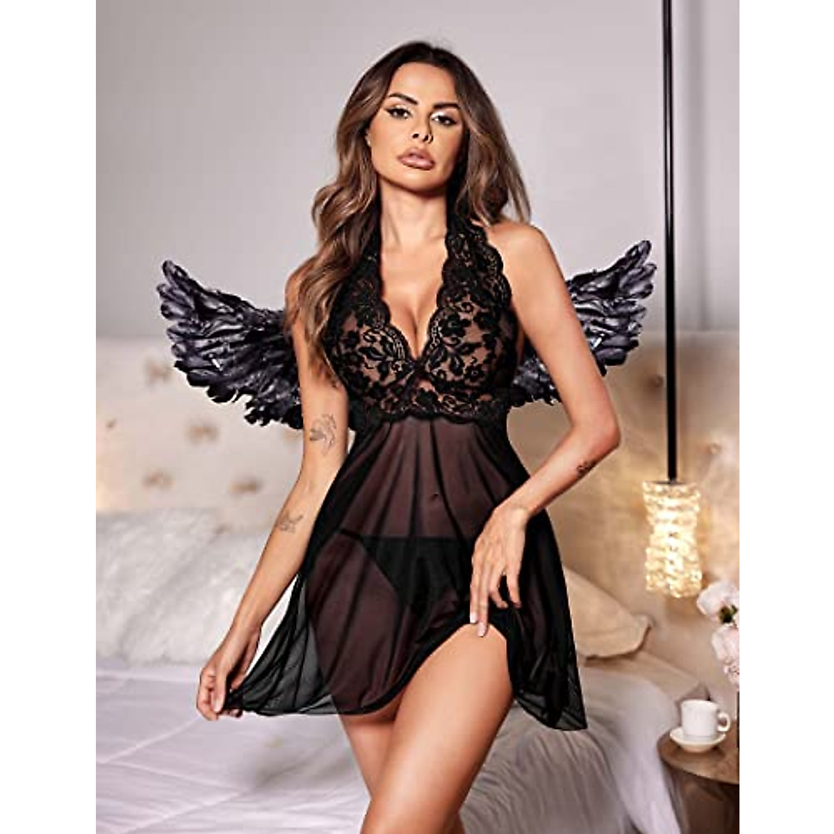 Avidlove Women Halter Lace Babydoll Mesh Sexy Lingerie Set Nightwear, Medium, Black Fba