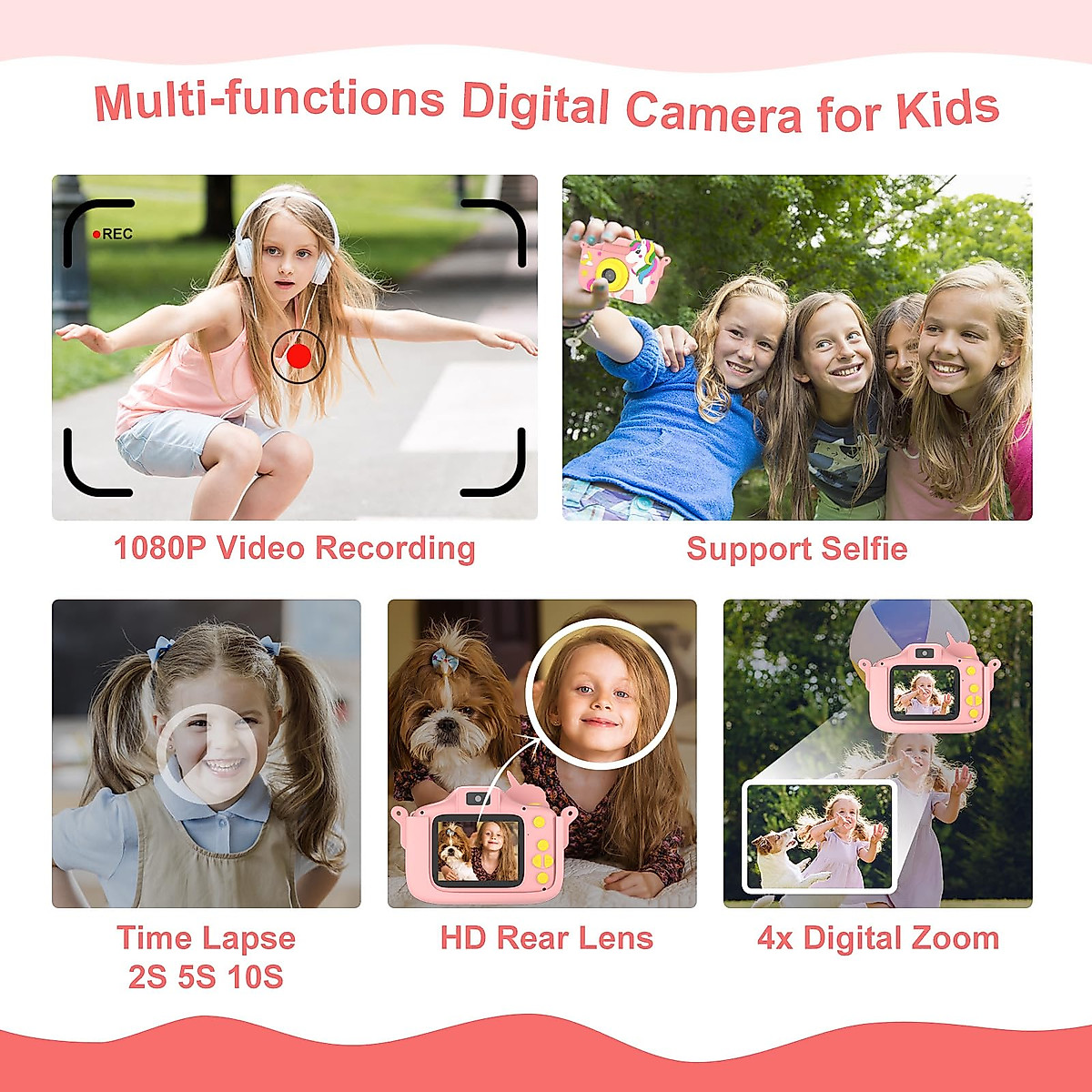 SELPONT Toys for Girls Ages 3-8+, Upgrade Kids Selfie 1080P Digital Video Camera for Toddler with Cartoon Silicone Cover, Christmas Birthday Gifts for Girls, Portable Camera with 32GB SD Card-Pink