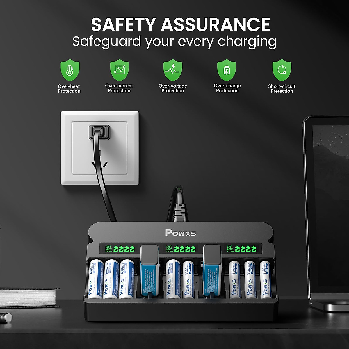 POWXS Rechargeable AA AAA 9V Battery Charger with 1800mA High-Speed, 12 Bay Independent Battery Charger for 1.2V Ni-MH Ni-CD AA AAA 9V Rechargeable Batteries and 9V Lithium ion(Include AC Cable)
