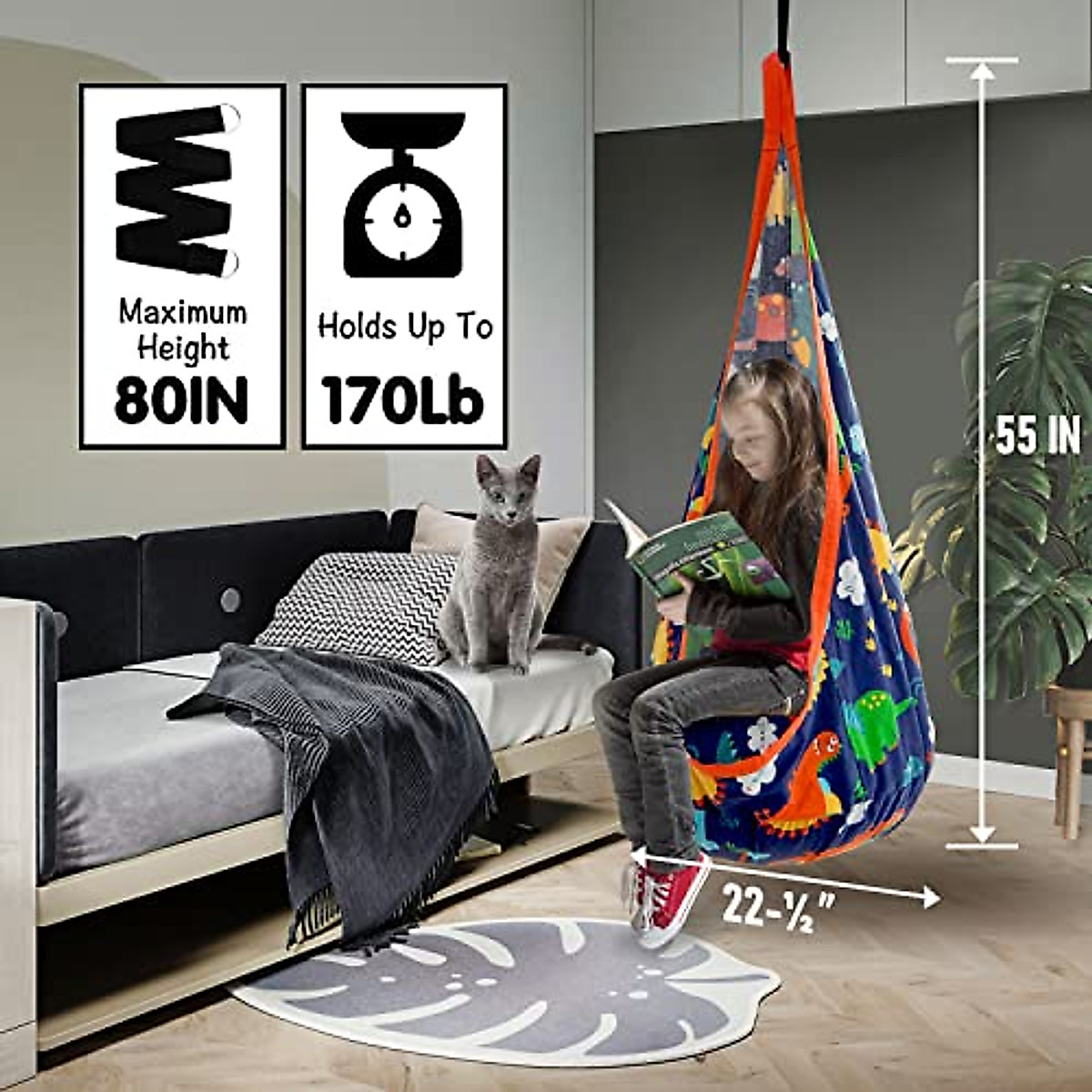 GARIG Pod Swing for Kids, Hanging Pod Swing Seat with Inflatable Pillow, Cartoon Pattern Kids Swing Chair for Indoor and Outdoor, Max Weight 170lbs (Dinosaur)