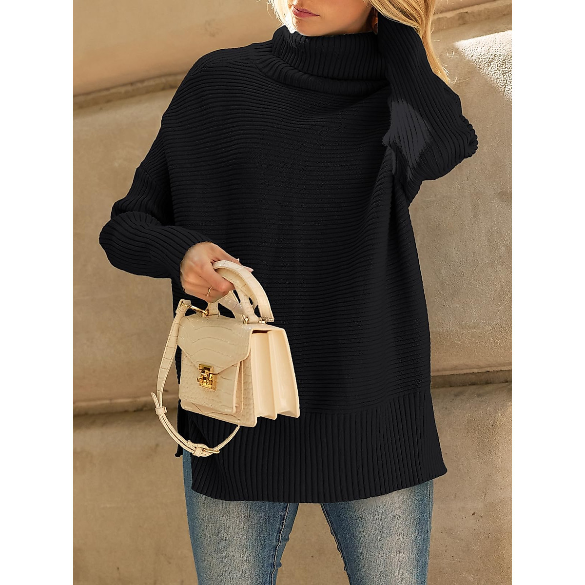 LILLUSORY Womens Turtleneck Oversized Tunic Fall Sweaters 2025 Casual Long Pullover Knit Winter Cute Poncho Fashion Trendy Clothes Outfits Clothing Tops Leggings Black