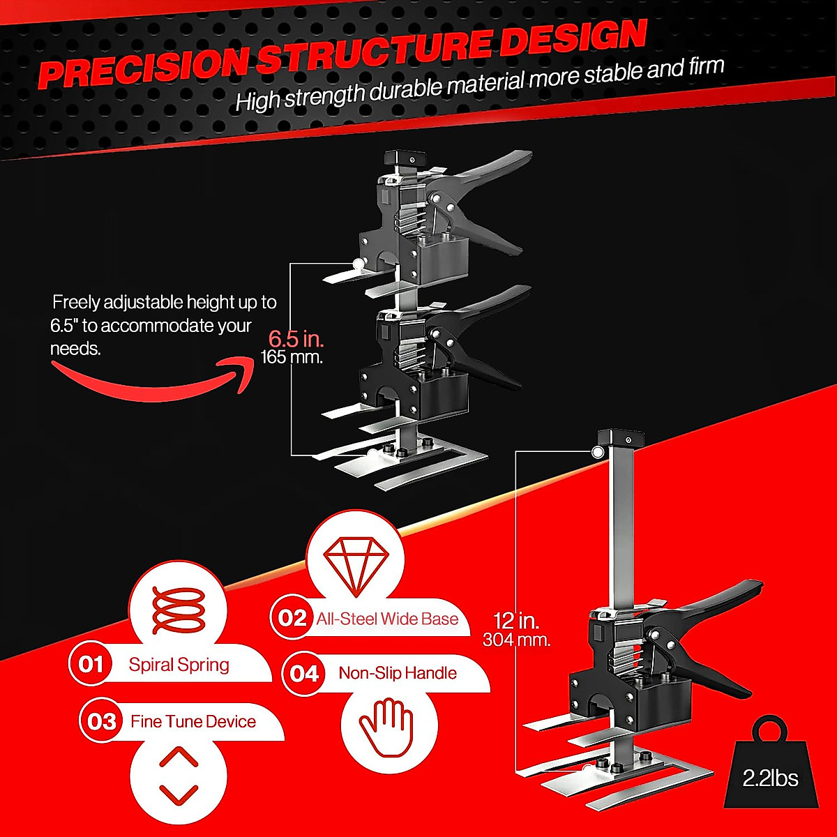 Juprodis 2 Pack Labor Saving Arm Jack, 220 LB Heavy Duty Furniture Lifter, 6.5 Inch Adjustable Height Drywall Lift, Utility Cabinet Jacks for Installing Cabinets, Doors, DYI Home Improvement, Black