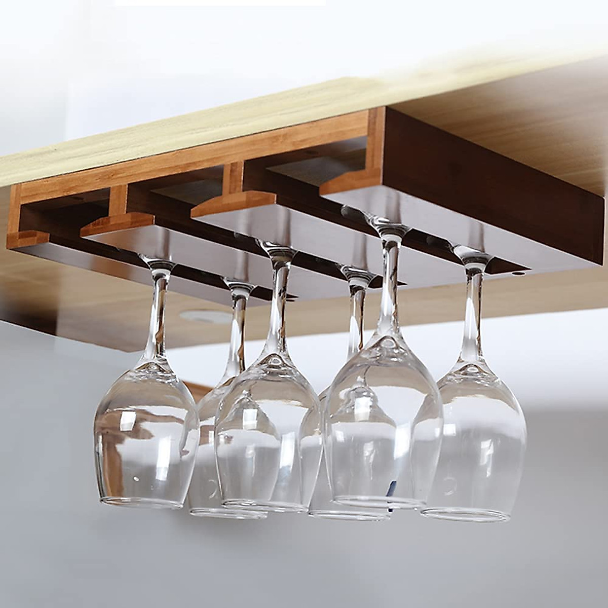 Bamboo Wine Glass Rack,Under Cabinet Stemware Rack,3/4/5 Rows Glasses Storage Holder for Bar Kitchen,Hanging Wine Glass Holder