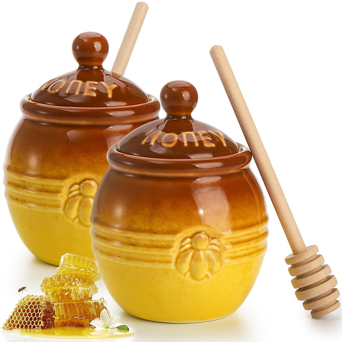 Hiceeden 2 Pack Ceramic Honey Pot with Dipper and Lid, 12 Oz Yellow Honey Jar Bee Embossed Honey Storage Container for Kitchen, Decoration, Coffee/Tea Bar