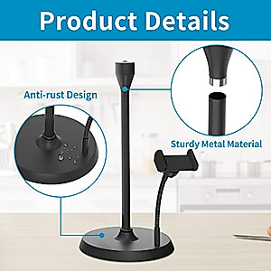 Multi-Function Black Paper Towel Holder Countertop with Phone Holder, Easy One Hand Tear Paper Towel Holder Stand with Weighted Base Spring Arm for Most Sizes Paper Roll for Kitchen Paper Towel Rack