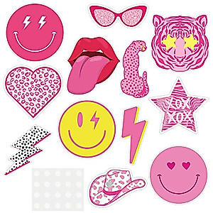 24 Pieces Preppy Theme Cutouts Preppy Party Decoration Pink Party Cut Outs Smile Face Favors Star Lightning Lips Cutouts for Preppy Style Birthday Wedding Baby Shower School Bulletin Board Supplies