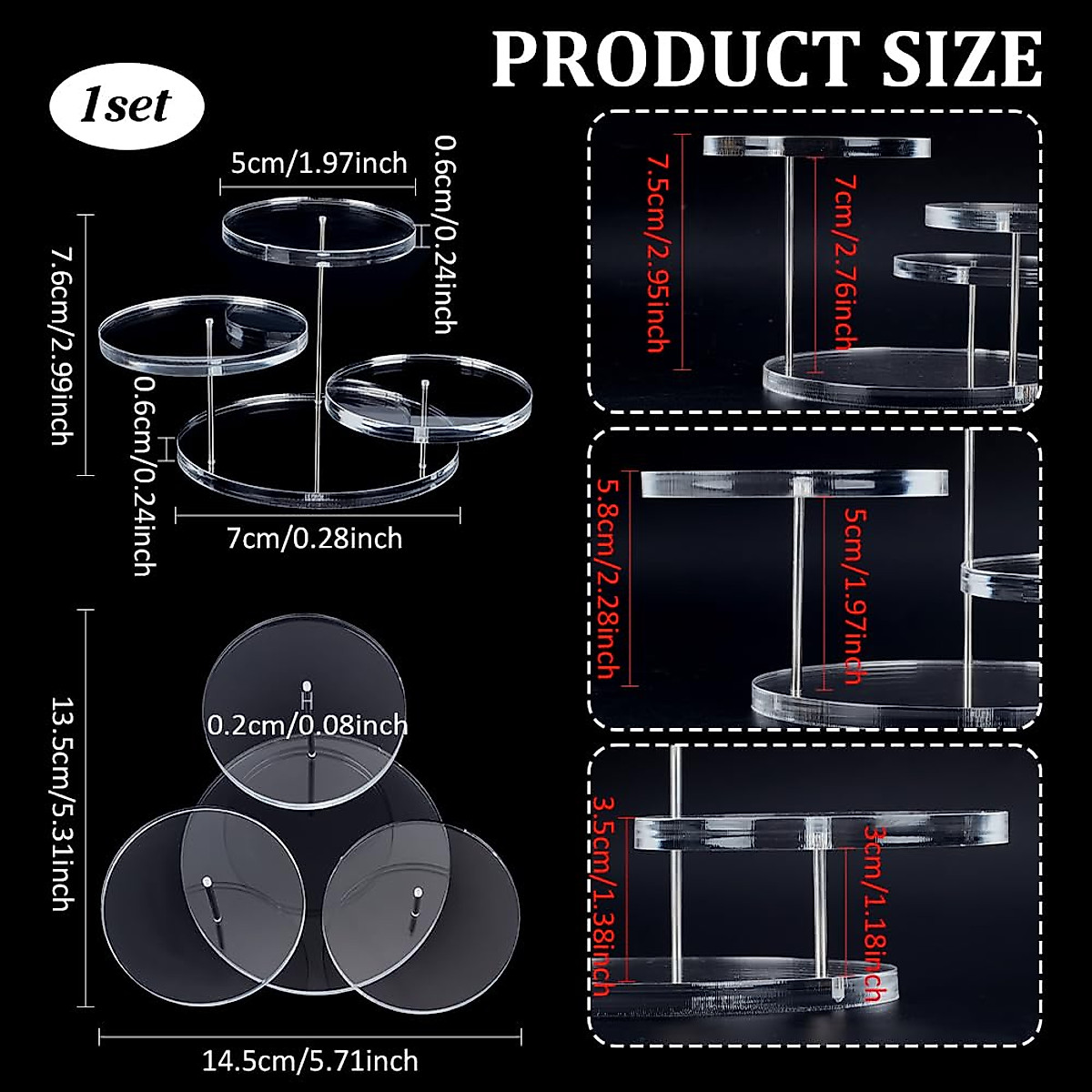 FINGERINSPIRE Round Acrylic Finger Ring Riser Clear 3 Tier Jewelry Display Stands for Rings Bracelets Watches Small Cupcake Stand Display Rack for Action Figures, Collectibles, Gem, Crystals, Rocks