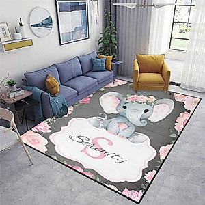 XOZOTY Custom Name Watercolor Elephant Pink Flower Area Rug Living Room Pad Nursery Kids Play Mat Entrance Exit Doormats 4'x5.2'
