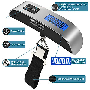 Luggage Scale, Dr.meter Travel Accessories Backlight LCD Display PS02 110lb/50kg Electronic Balance Digital Postal Luggage Weight Scale with Rubber Paint Handle Temperature Sensor Silver