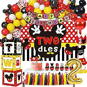 GREPARPY Mickey 2nd Birthday Party Supplies - Mickey Theme Oh Twodles Birthday Decorations Boy Include Backdrop, Balloon Garland Arch, Balloon Box, Welcome Hanger, Banner, Crown, Topper, Tablecloth