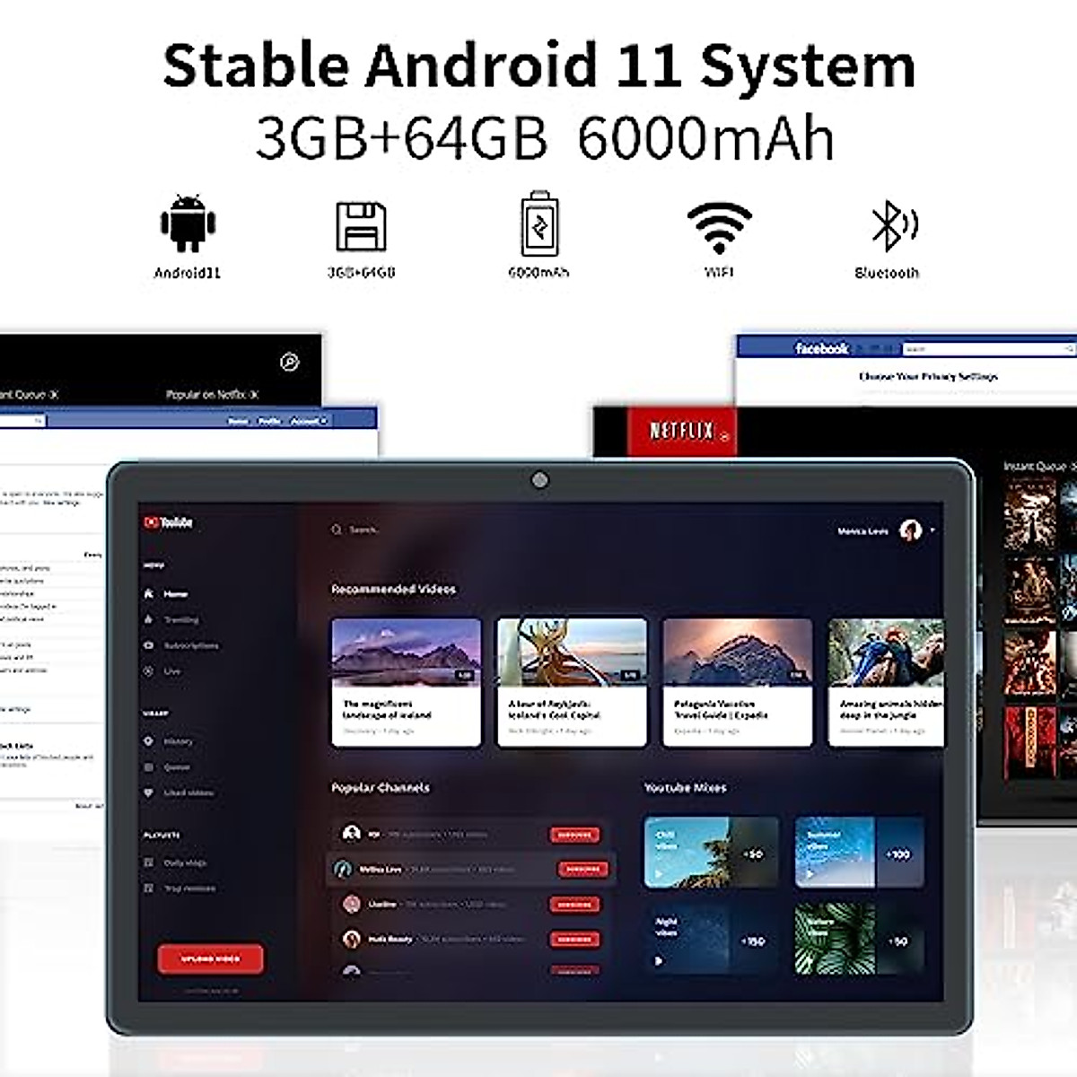 Android 11 Tablet 10inch Phablet, Large Storage 64GB Tablets Dual Stereo Speakers 512GB Expand, Octa-core Processor 3GB RAM 6000mAh Big Battery 10.1'' IPS HD Screen Google Tableta Tab(Blue)
