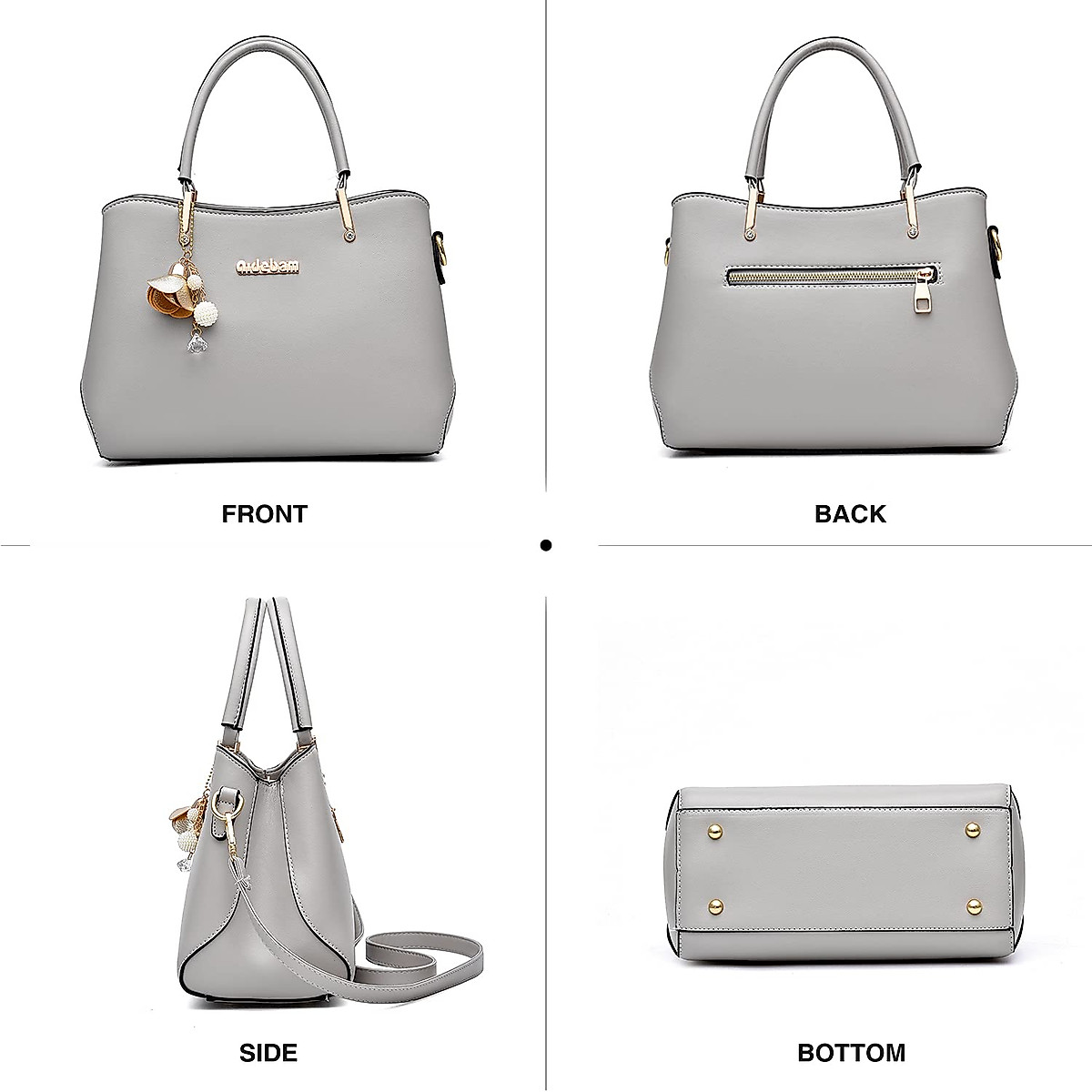 Satchel Purses and Handbags for Women, 3 Compartment Hand Bags with Charms, Pu Leather Ladies pocketbooks for women, Light Grey