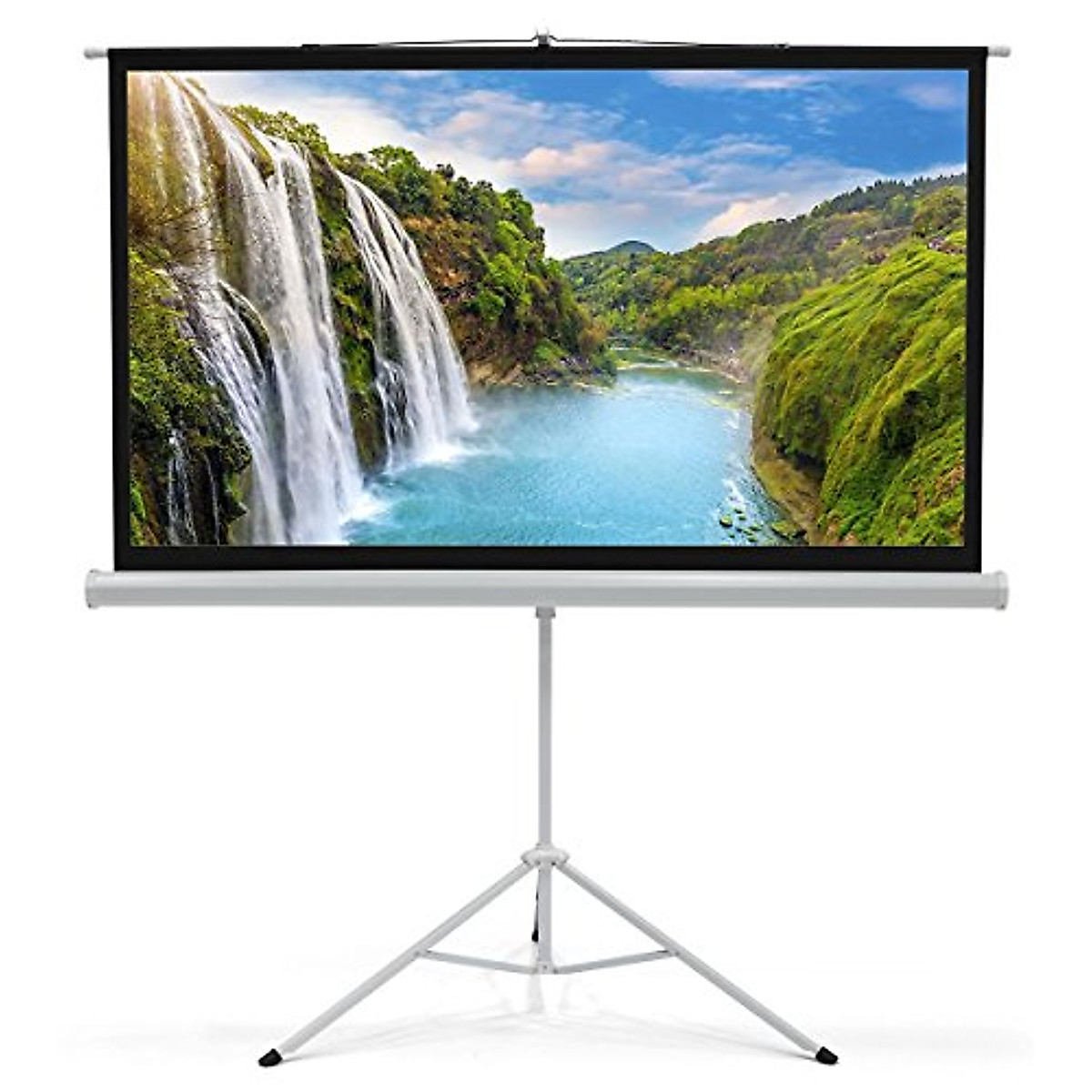Displays2go 63 x 36 Inch Projector Screen with Height Adjustable Tripod Stand – Black (PRSTRI72)