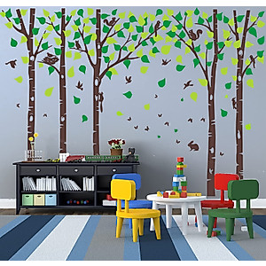 5 Large Birch Tree Wall Decals Jungle Tree Wall Stickers Forest Animal Wall Stickers Squirrel Rabbit Stickers for Kids Room Nursery Bedroom Living Room Classroom Wall Decoration (100", Brown,Green)