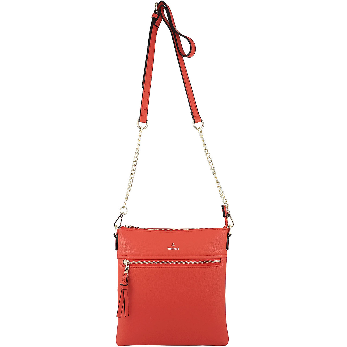 B BRENTANO Vegan Double-Zipper Crossbody Bag with Chain Strap (Hazelnut)